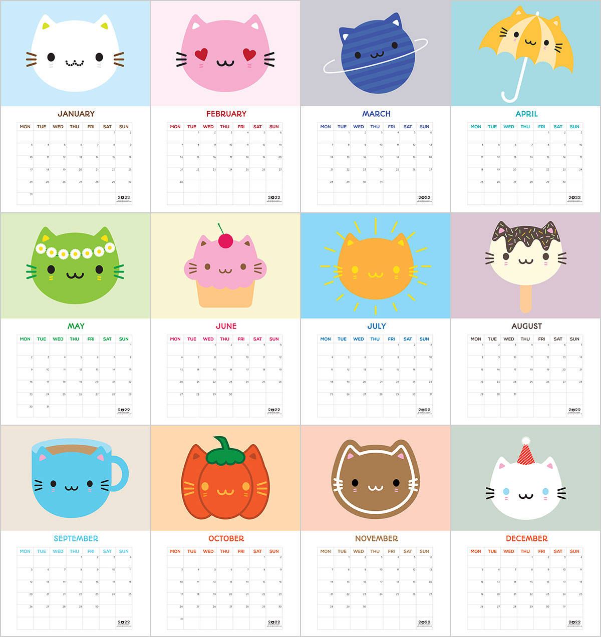 Cute 2022 Printable Calendars - Super Cute Kawaii!!